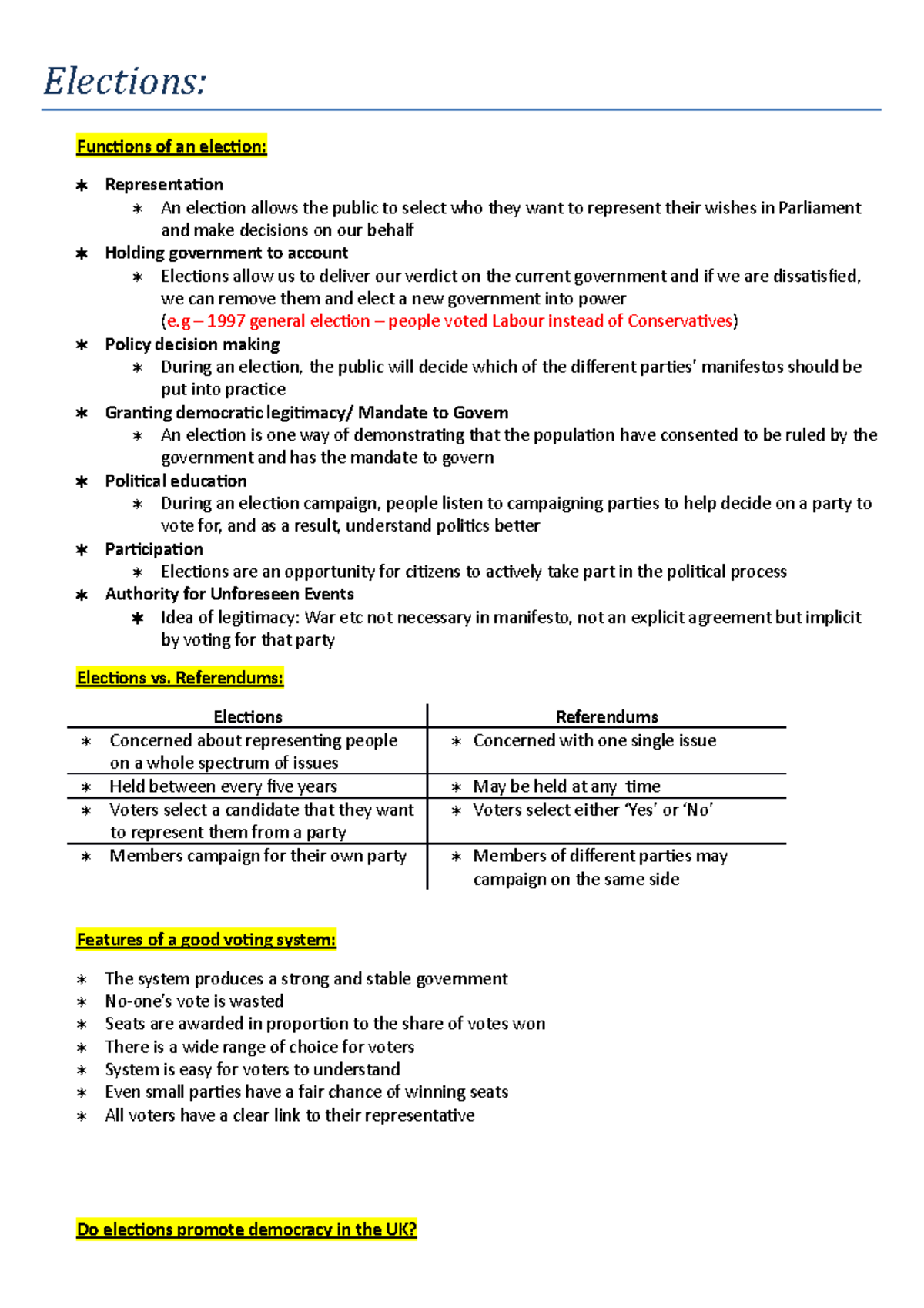 Elections - Summary - Elections: Funcions of an elecion: Representaion ...