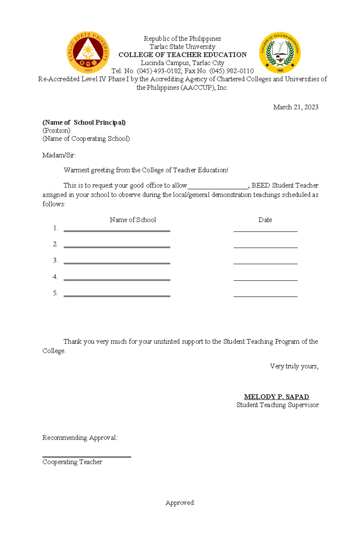 Excuse letter Observation during demo teaching - Republic of the ...