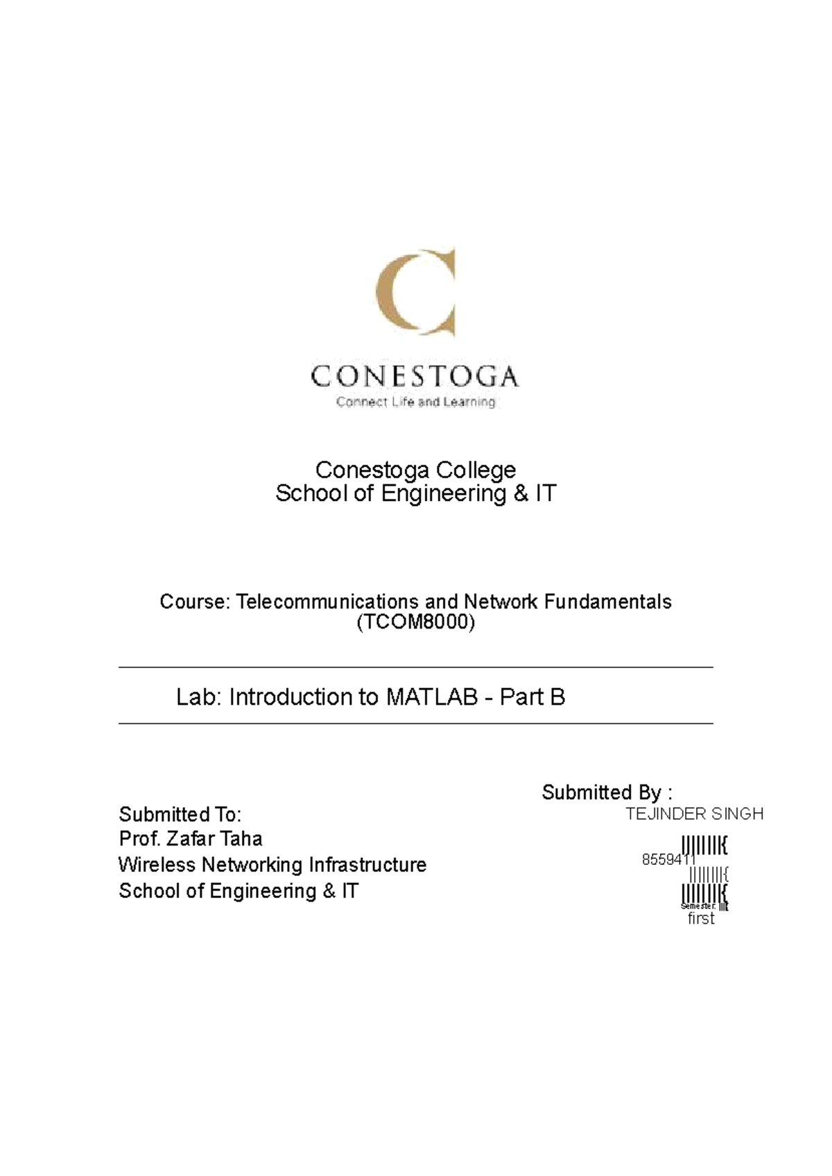 TCOM8000 Lab Intro to Matlab - PART B - APPL70047 - Sheridan College ...