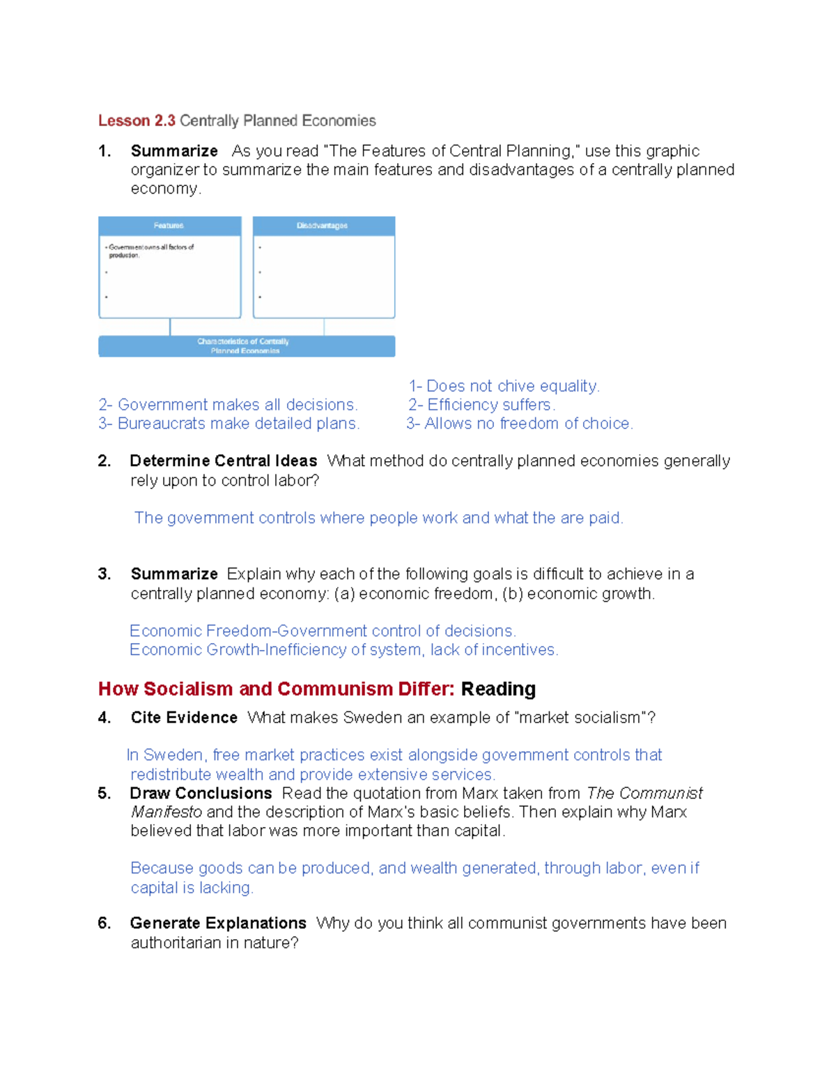 2.3 Centrally Planned Economies 1 - 1. Summarize As you read “The ...