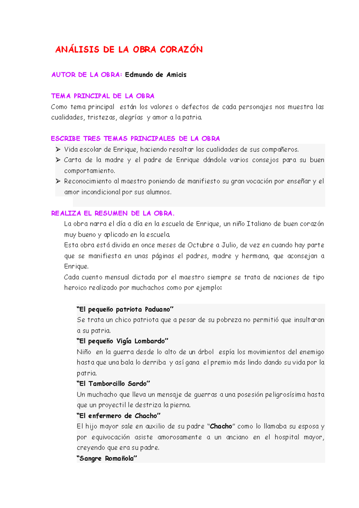 Analisis de La Obra Corazon - ANÁLISIS DE LA OBRA CORAZÓN AUTOR DE LA OBRA: Edmundo de Amicis ...