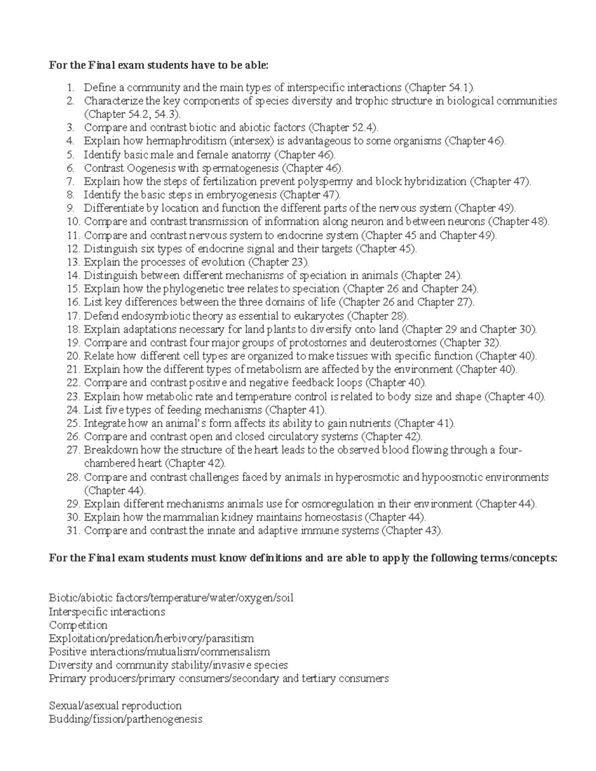 BIO1111 Final Exam Study Guide-1 - For the Final exam students have to ...