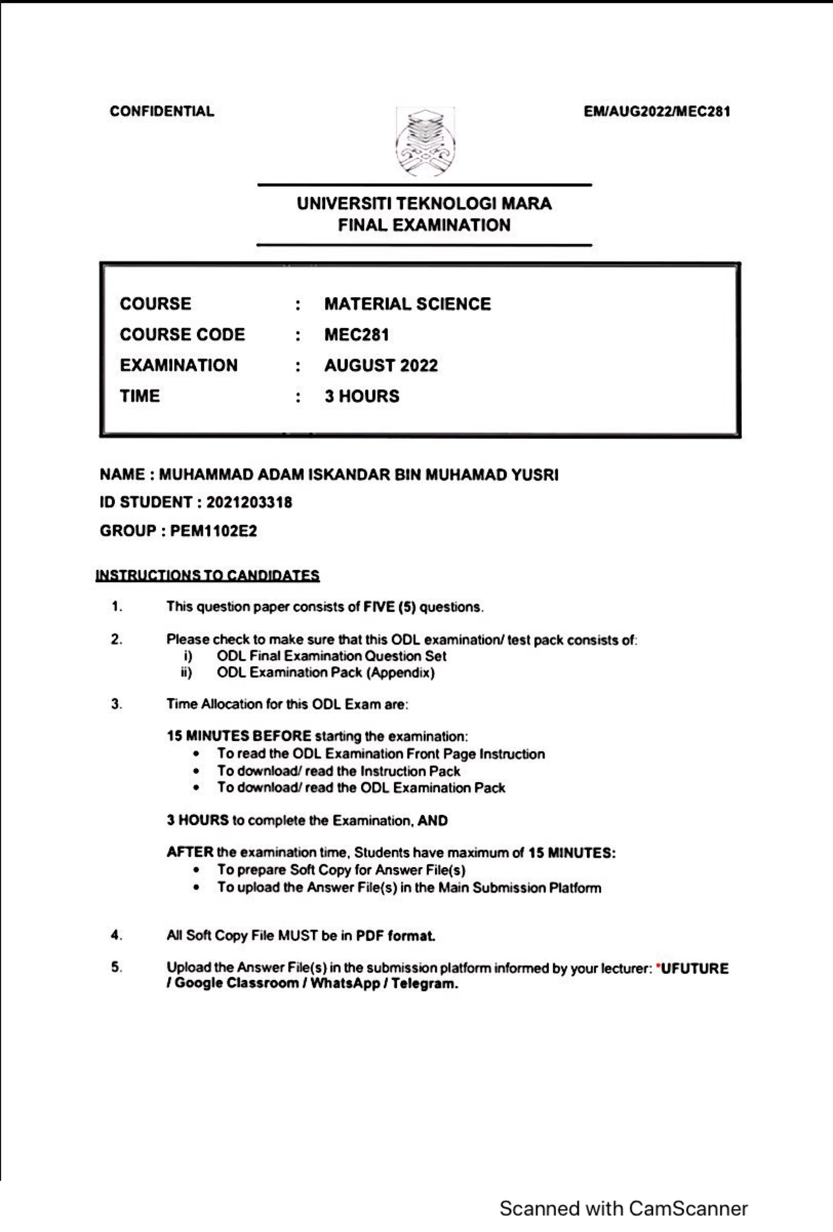 Muhammad ADAM Iskandar BIN Muhamad Yusri - Mechanical Engineering - UiTM - Studocu