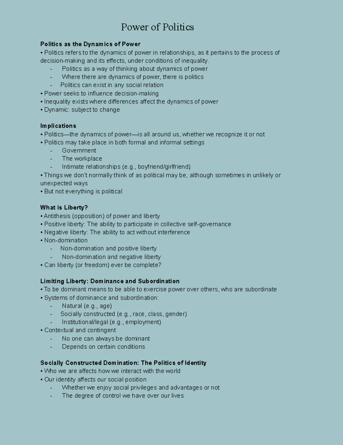 Power of Politics and Dynamics of Power in Relationships - Studocu