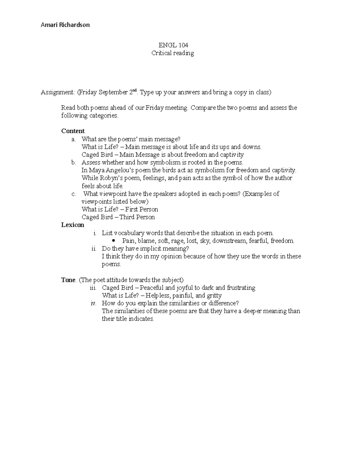 ENGL 104 assignment - answers - Amari Richardson ENGL 104 Critical reading Assignment: (Friday ...