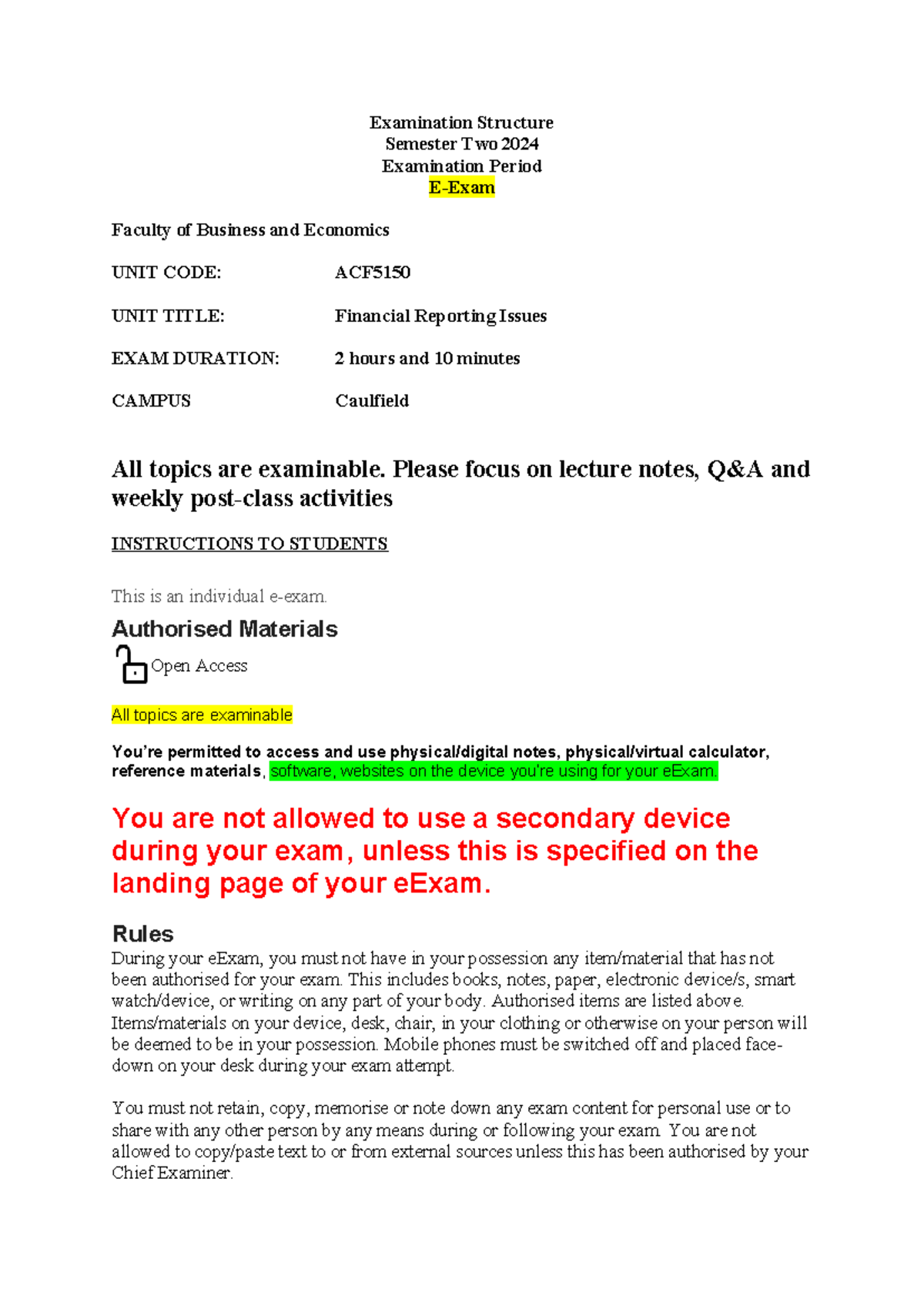 ACF5150 Examination Structure Semester Two 2024 - Examination Structure ...