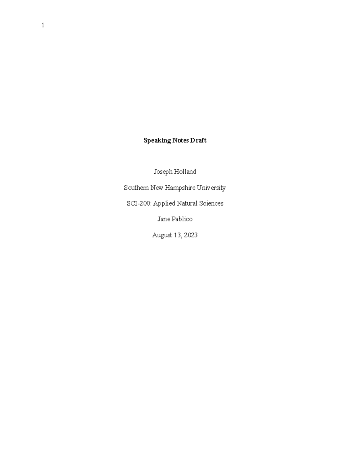 Speaking Notes Draft - Speaking Notes Draft Joseph Holland Southern New ...
