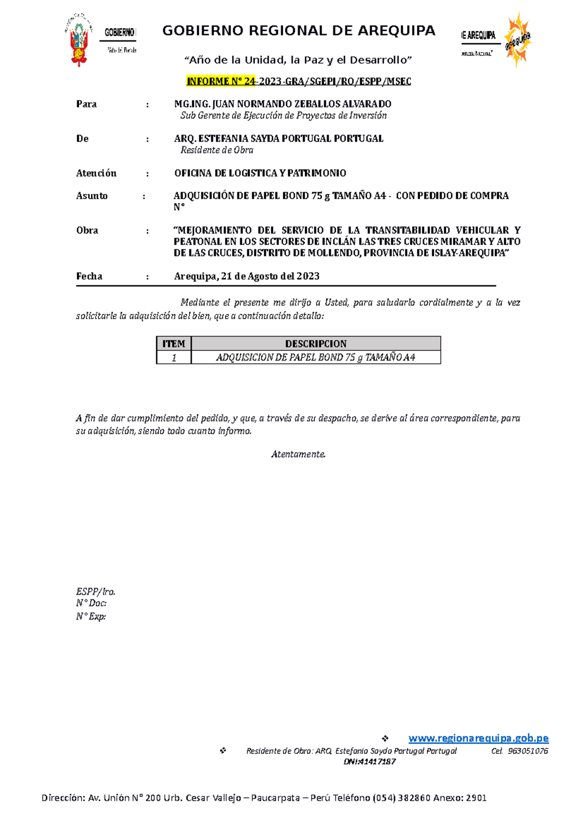 Informe N°033-2023 ADQ. DE Papel BOND - “Año de la Unidad, la Paz y el ...