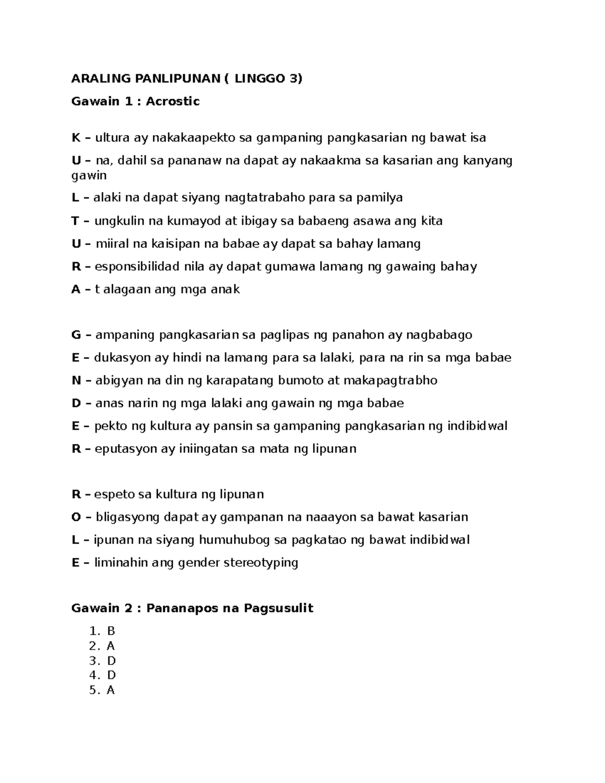ANSWER IN DIFFERENT SUBJECTS ( GRADE 10) - ARALING PANLIPUNAN ( LINGGO ...