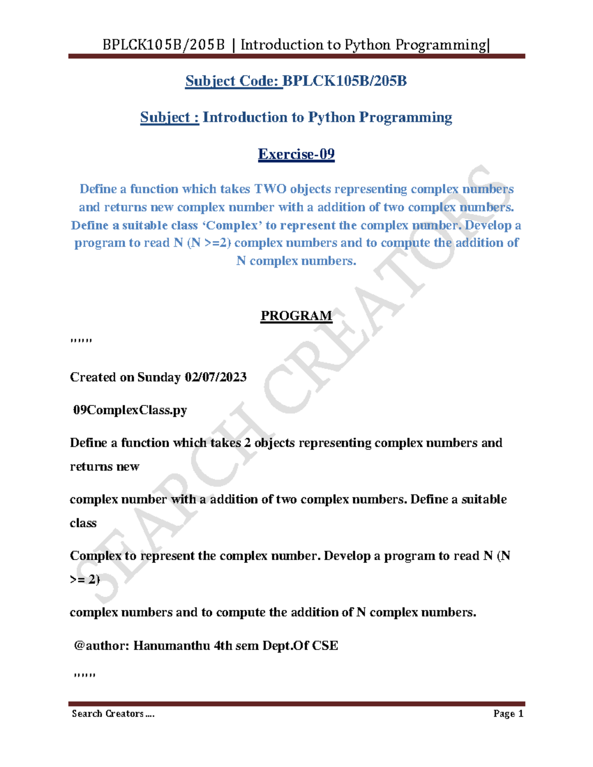 Exercise-09 - lab 9 python vtu - Subject Code: BPLCK105B/205B Subject : Introduction to Python ...