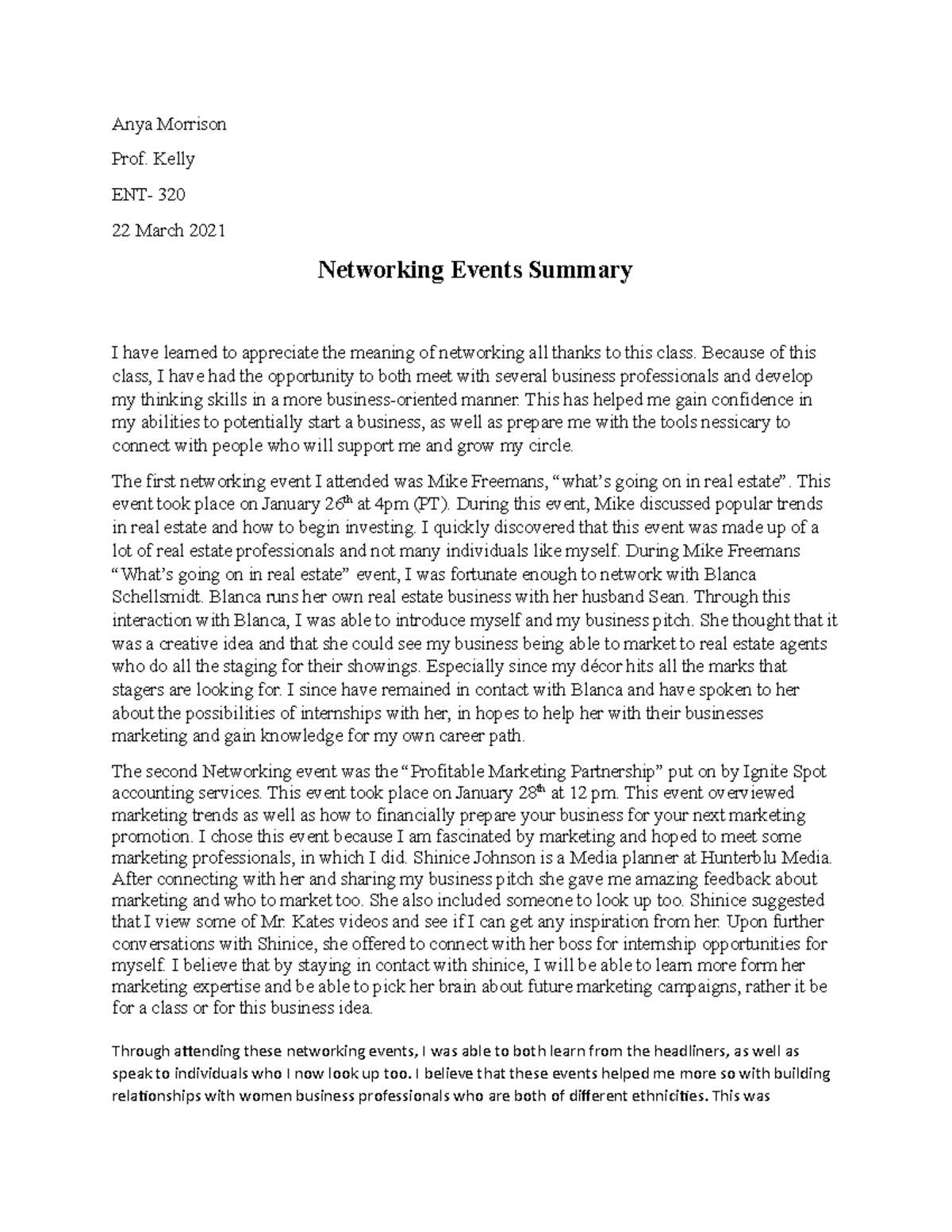 event and networking summary and reflection - Anya Morrison Prof. Kelly ...