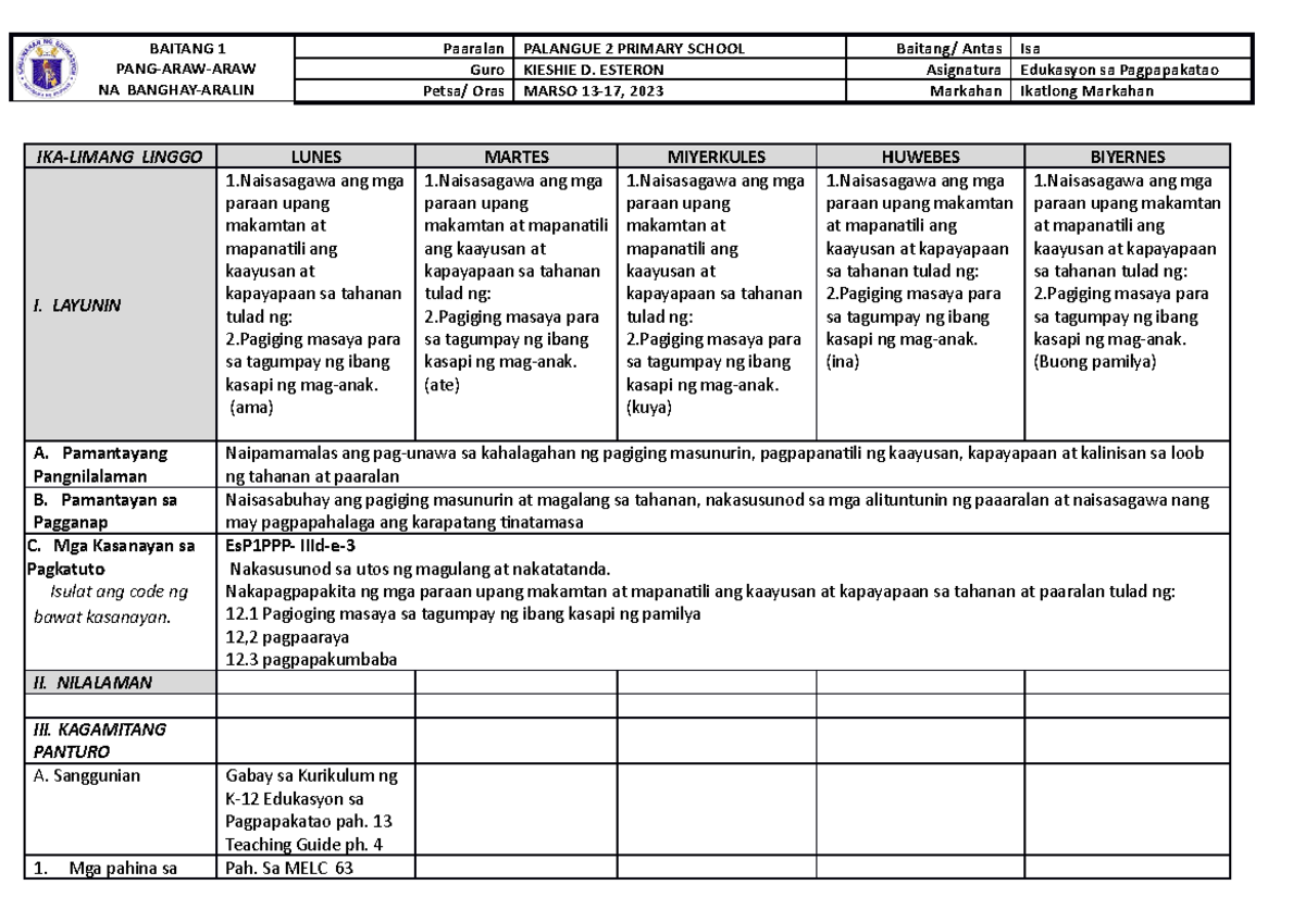 ESP1-Q3-WEEK5 - Learning Plan - BAITANG 1 PANG-ARAW-ARAW NA BANGHAY-ARALIN Paaralan PALANGUE 2 ...