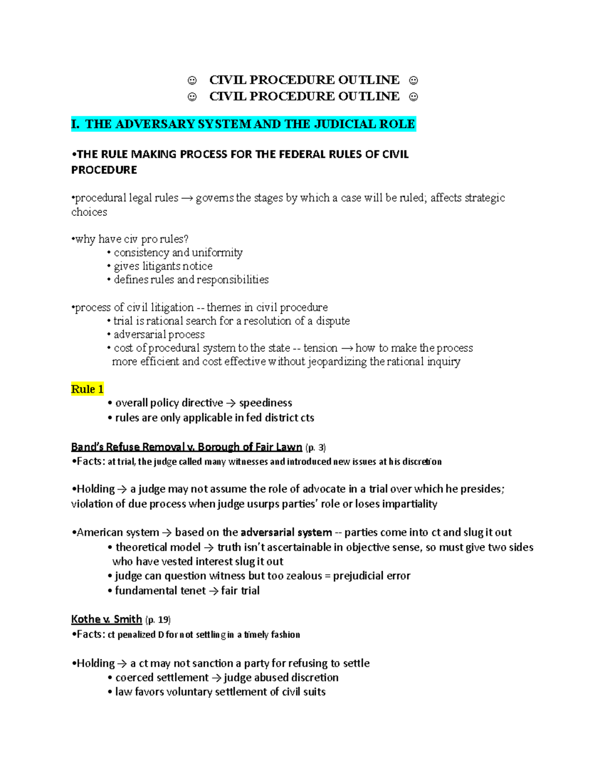 Civil Procedure Outline 1 - ☺ CIVIL PROCEDURE OUTLINE ☺ ☺ CIVIL ...