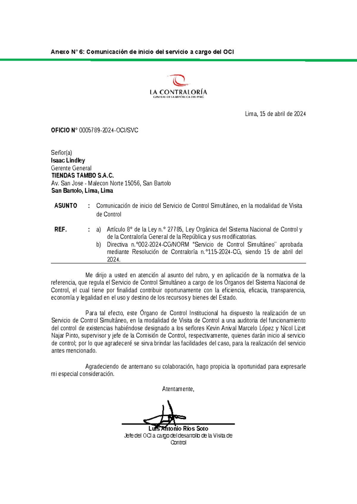 Anexo 6 - Comunicación de inicio del servicio a cargo del OCI Tiendas ...