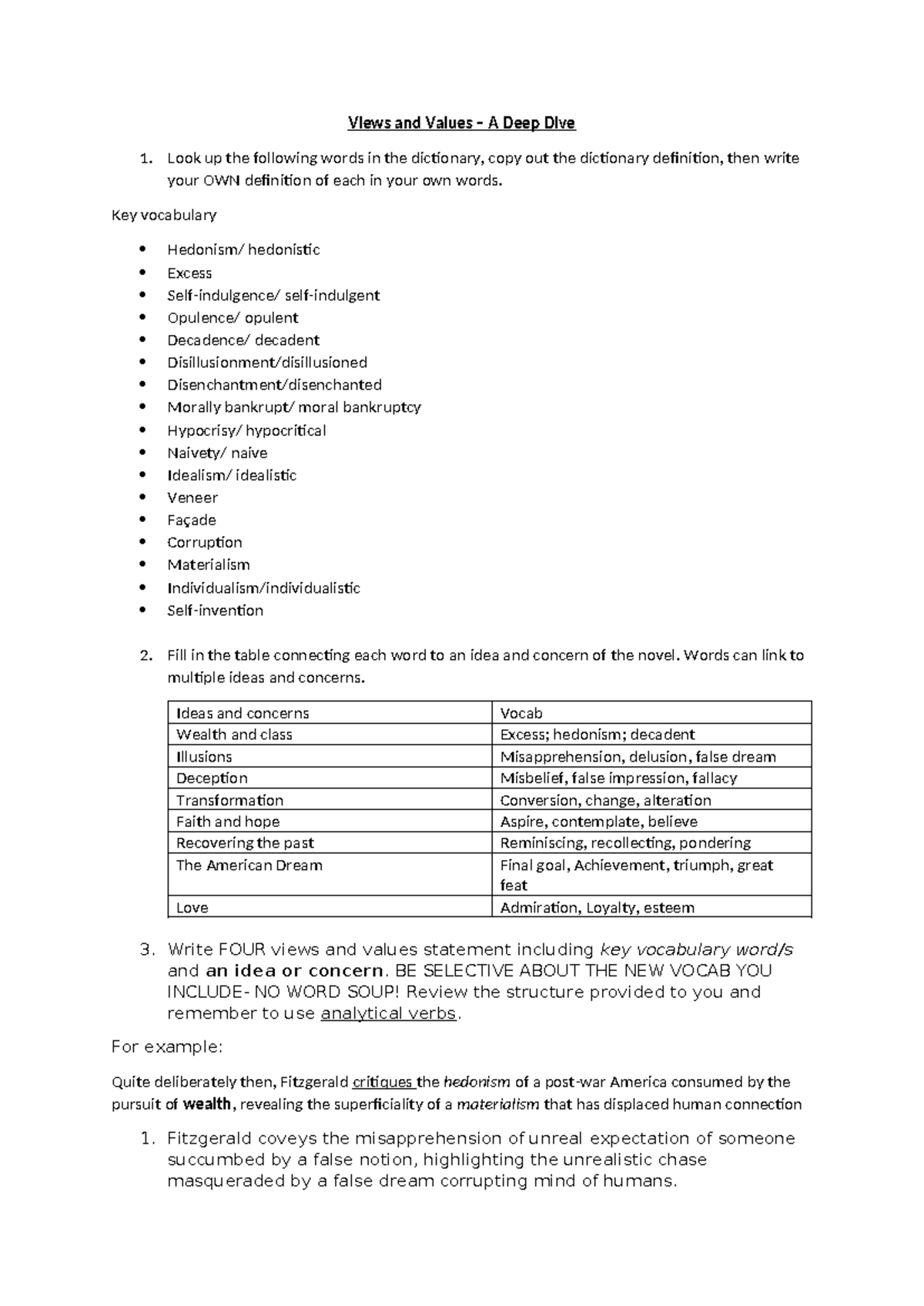 Views and Values Deep Dive - The Great Gatsby - Views and Values – A ...