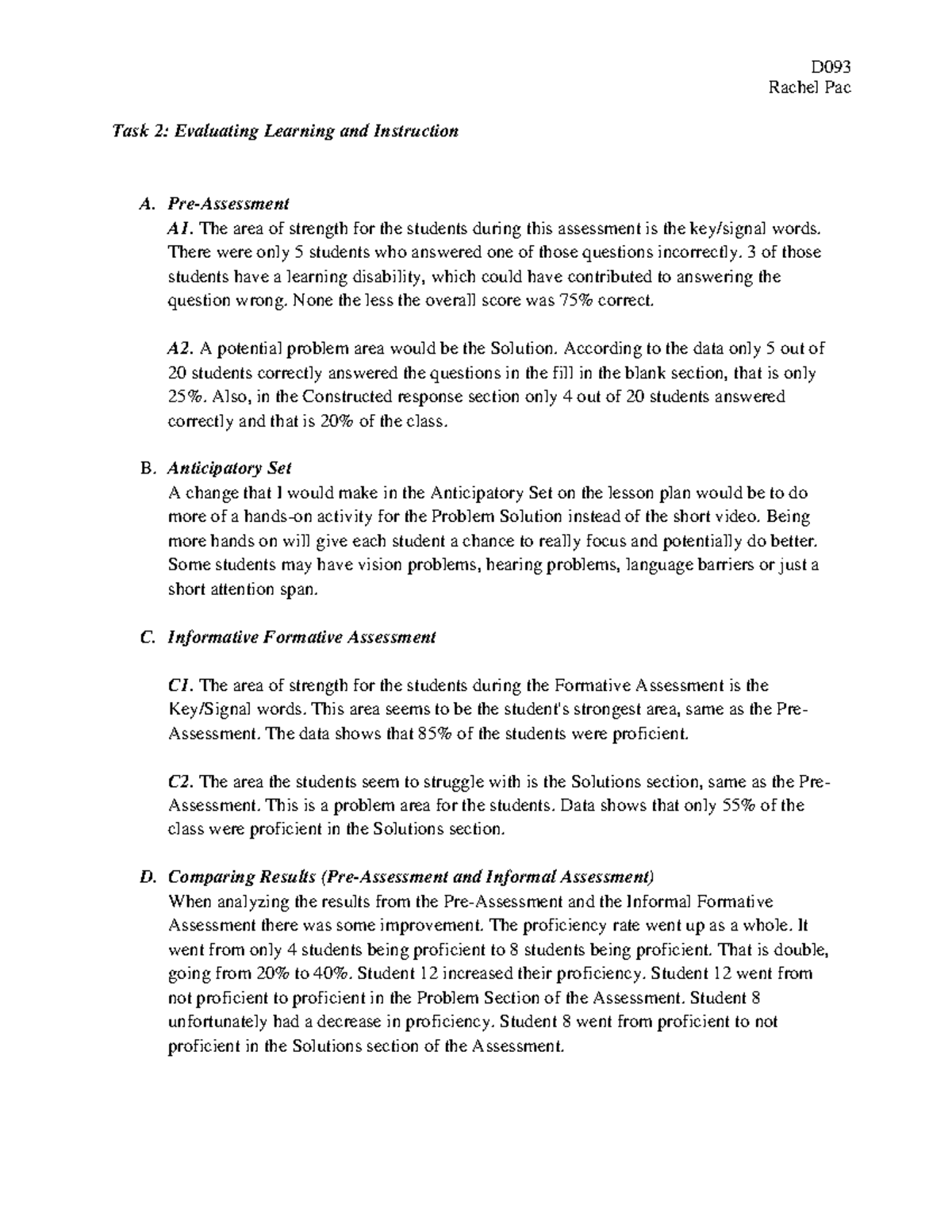 D093 task 2 - Copy - Task 2 - D Rachel Pac Task 2: Evaluating Learning and Instruction A. - Studocu