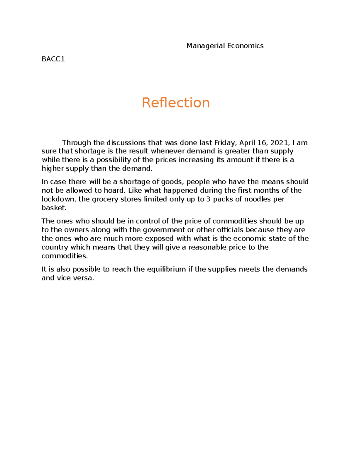 Managerial Economics Reflection - Managerial Economics BACC Reflection ...