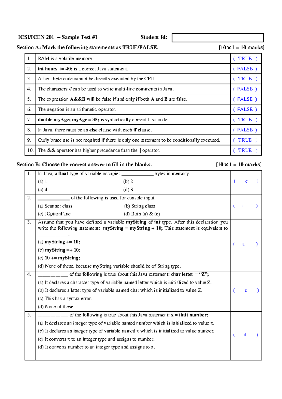 Sample Test 1 with Answers - 201 Sample Test Student Id: Section A ...