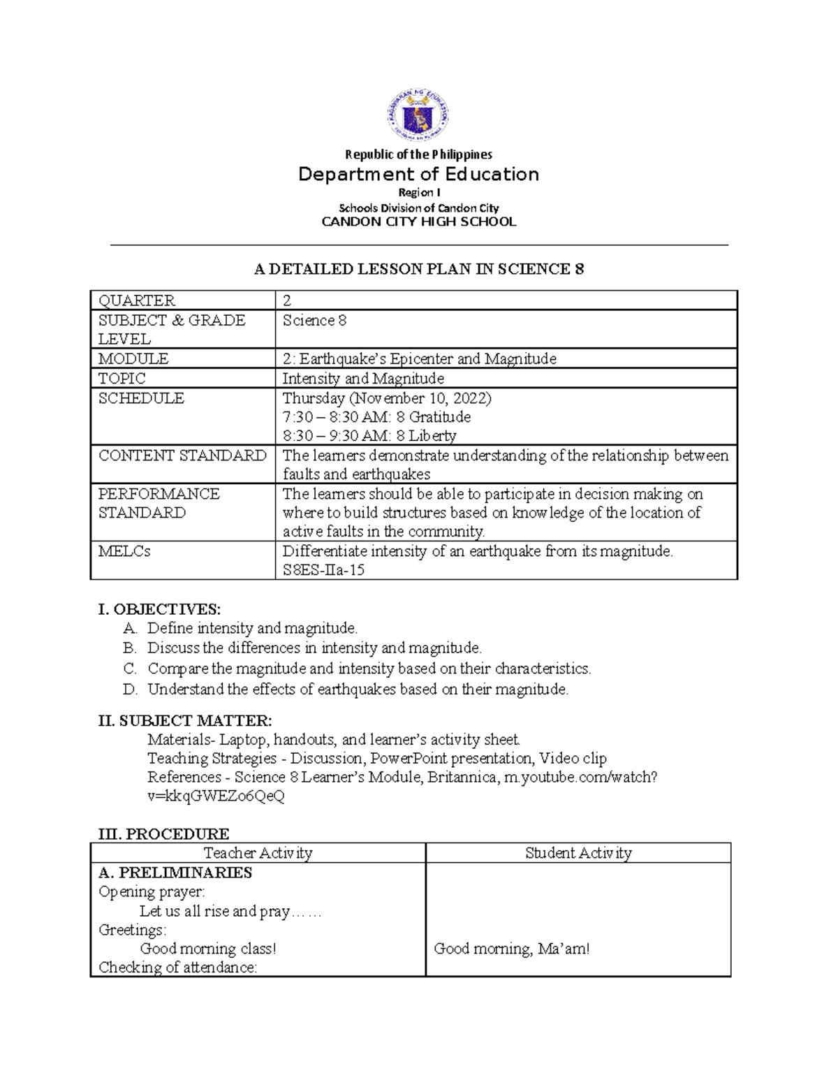 Science 8- Intensity and Magnitude - Republic of the Philippines ...