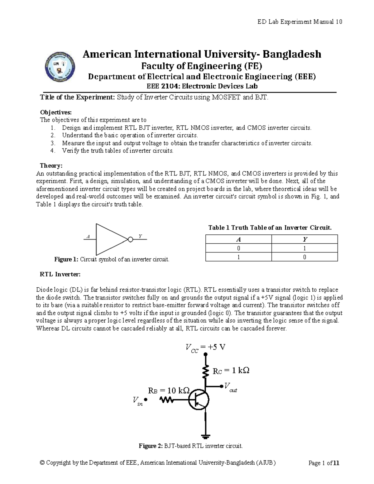 ED Lab 10 - RC RB = 10 k American International University- Bangladesh ...