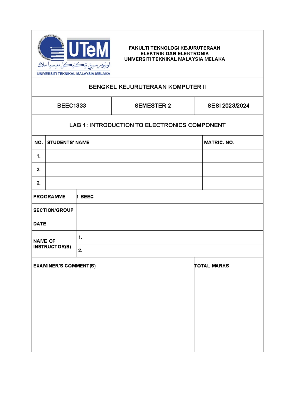 BEEC 1333 Lab 1 - weee - BENGKEL KEJURUTERAAN KOMPUTER II BEEC1333 SEMESTER 2 SESI 2023/ LAB 1 ...