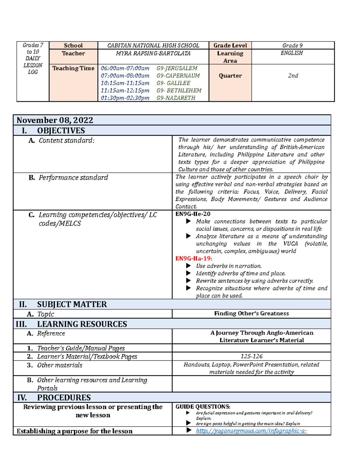 Q2- NOV 8-9 - ENGLISH 9 DLP - Grades 7 to 10 DAILY LESSON LOG School ...