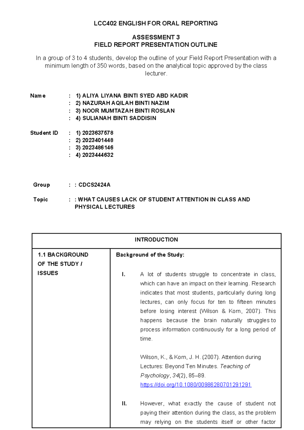 Field Report Outline - LCC402 ENGLISH FOR ORAL REPORTING ASSESSMENT 3 ...