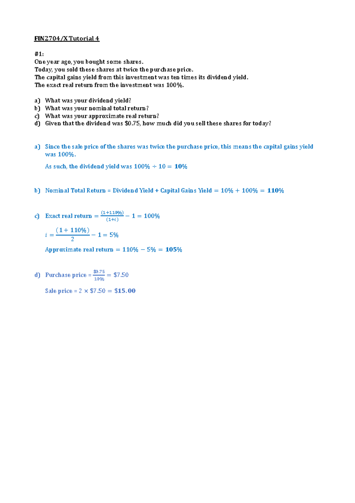FIN2704 AY23-24 Sem1 Tutorial 4 Solutions - FIN2704/X Tutorial 4 #1 ...