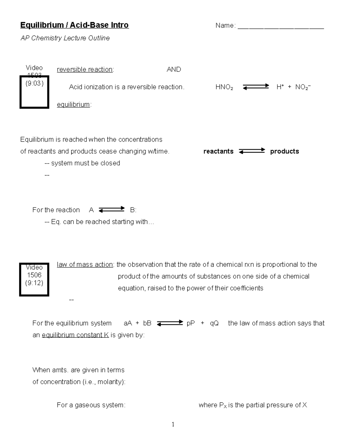15 eq sab stunotes - Lecture notes 3 - Equilibrium / Acid-Base Intro ...