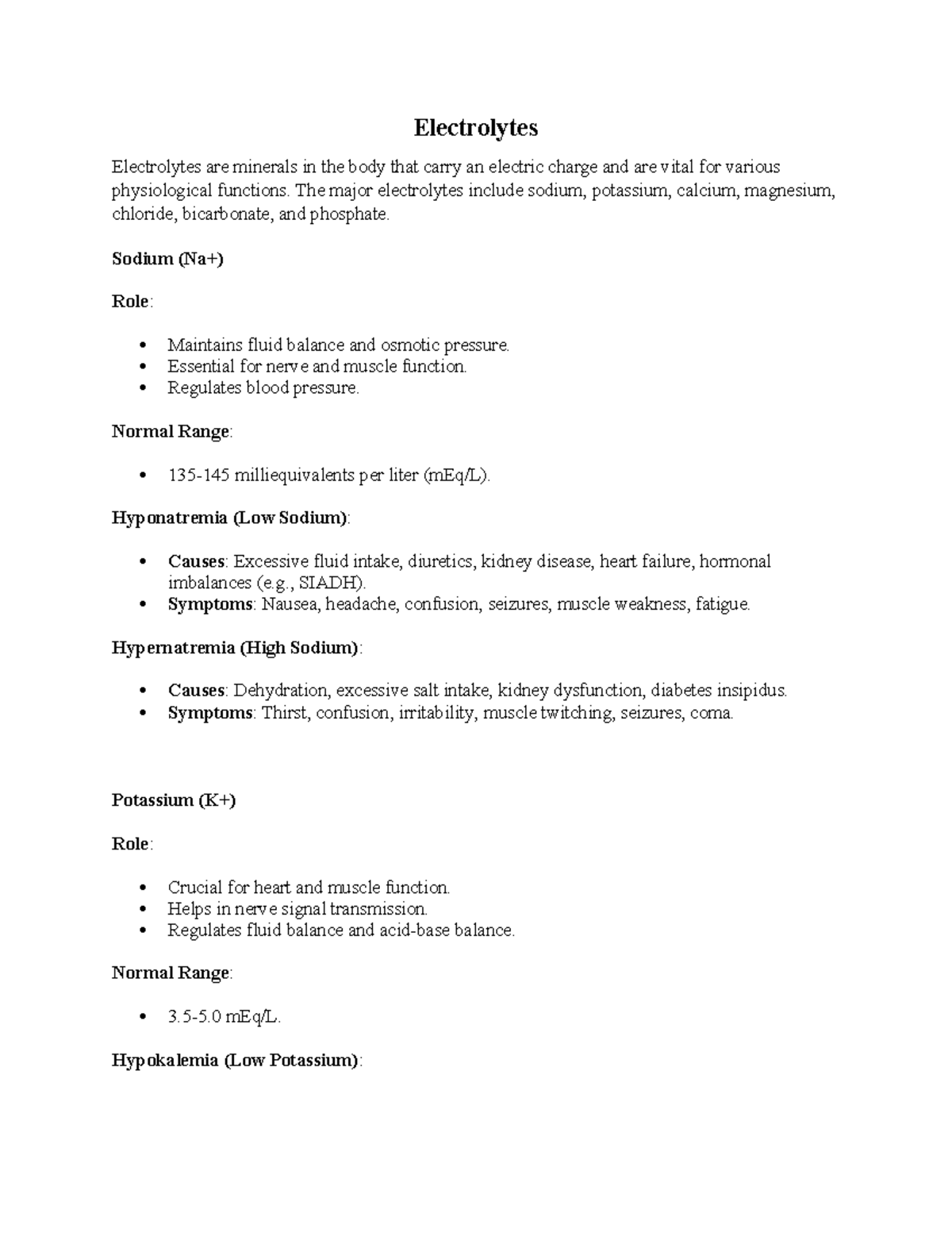 Electrolytes - notes - Electrolytes Electrolytes are minerals in the ...