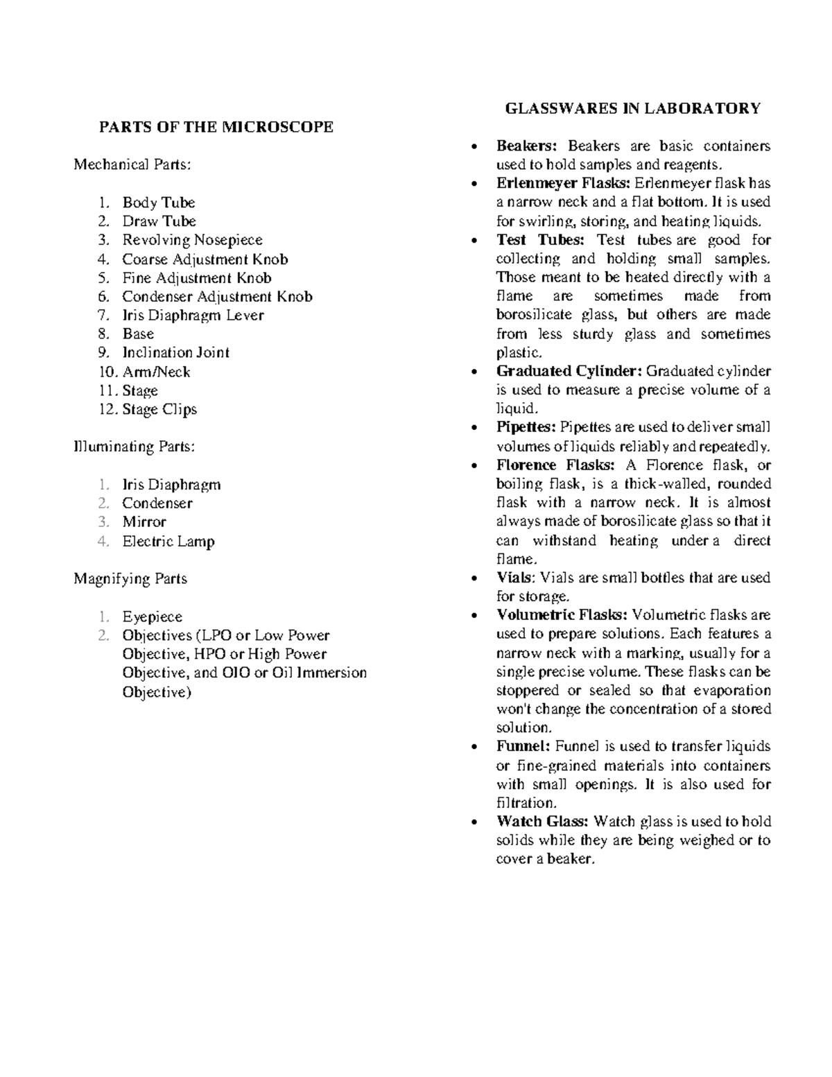 Parts OF THE Microscope AND Glasswares - PARTS OF THE MICROSCOPE ...