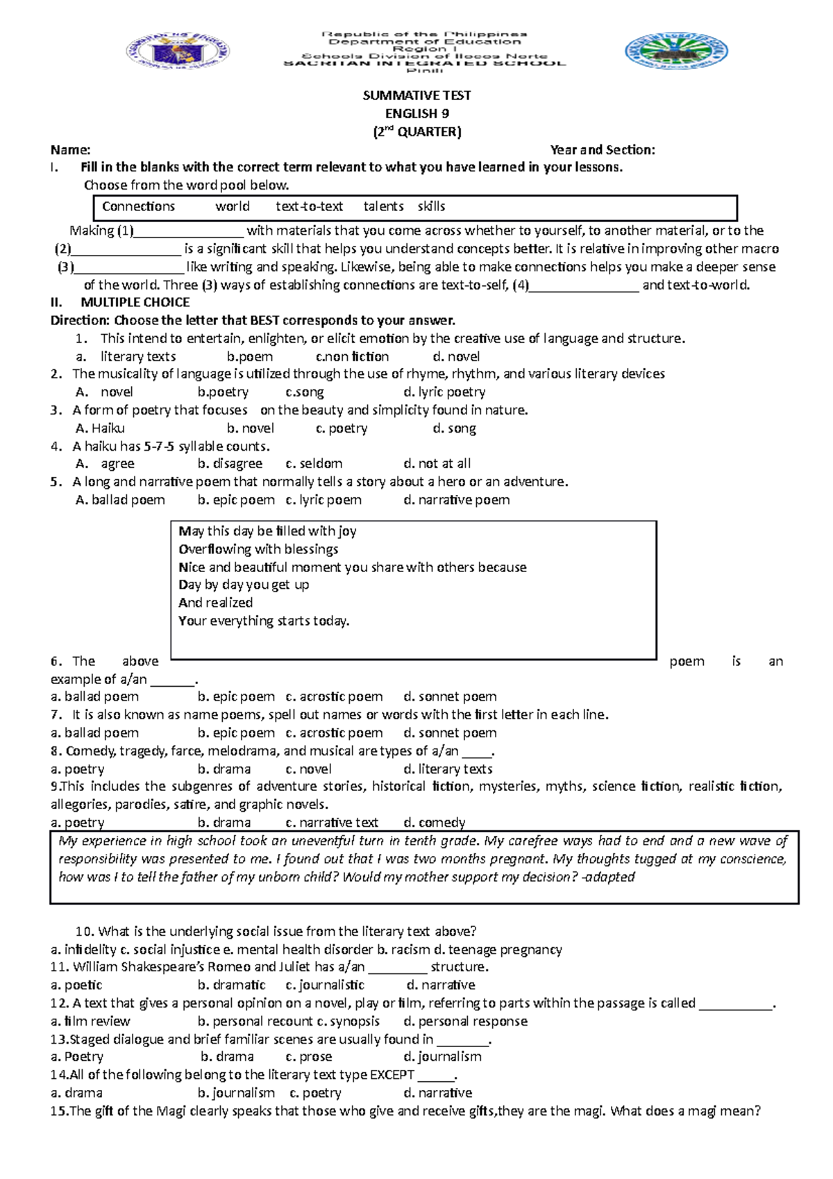 English 9 Summative TEST - SUMMATIVE TEST ENGLISH 9 (2nd QUARTER) Name ...