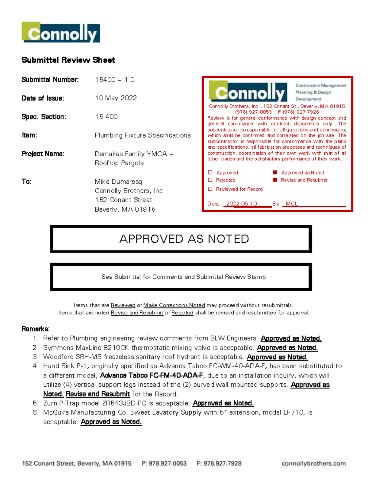 15400-01 Plumbing Fixture Specs - AAN - Submittal Review Sheet ...
