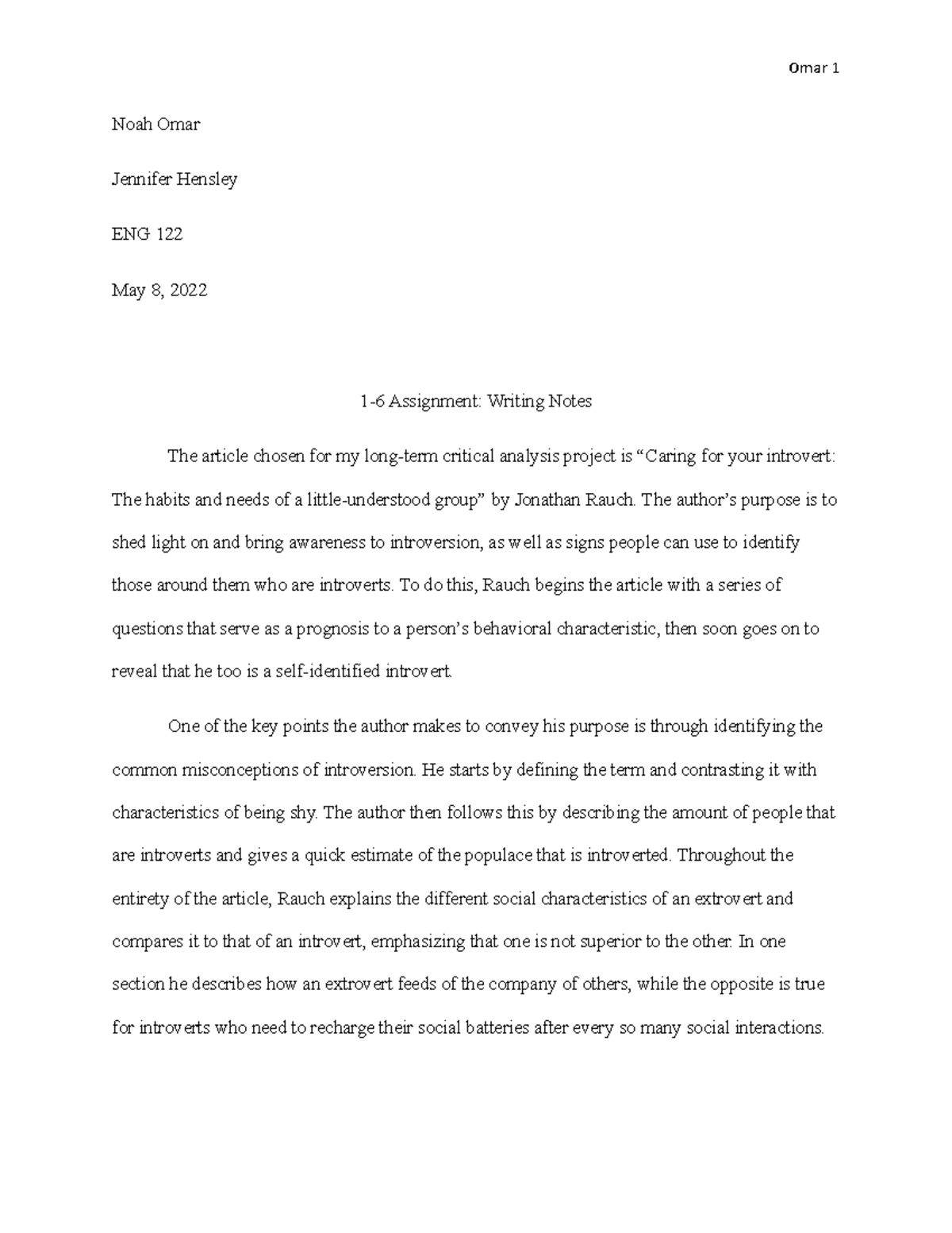 1-6 Assignment Writing Notes - Omar 1 Noah Omar Jennifer Hensley ENG ...