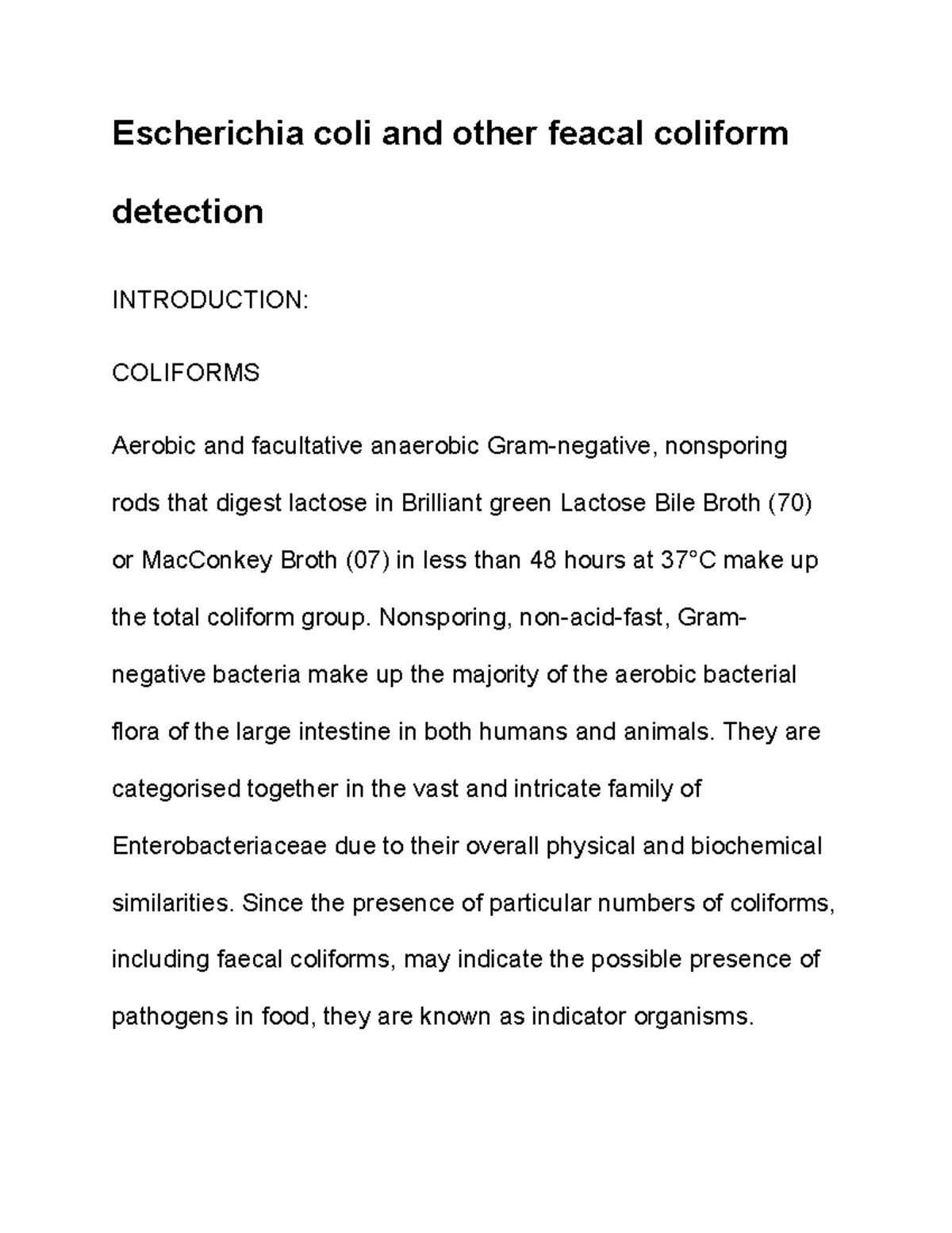 Escherichia coli and other feacal coliform detection - Escherichia coli ...