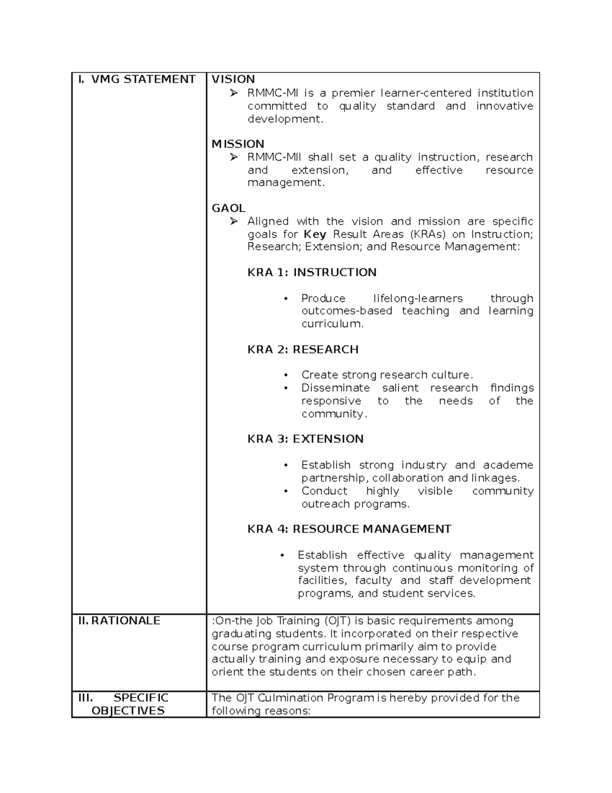 BSBA Activity Design - Planning Sample - I. VMG STATEMENT VISION RMMC ...