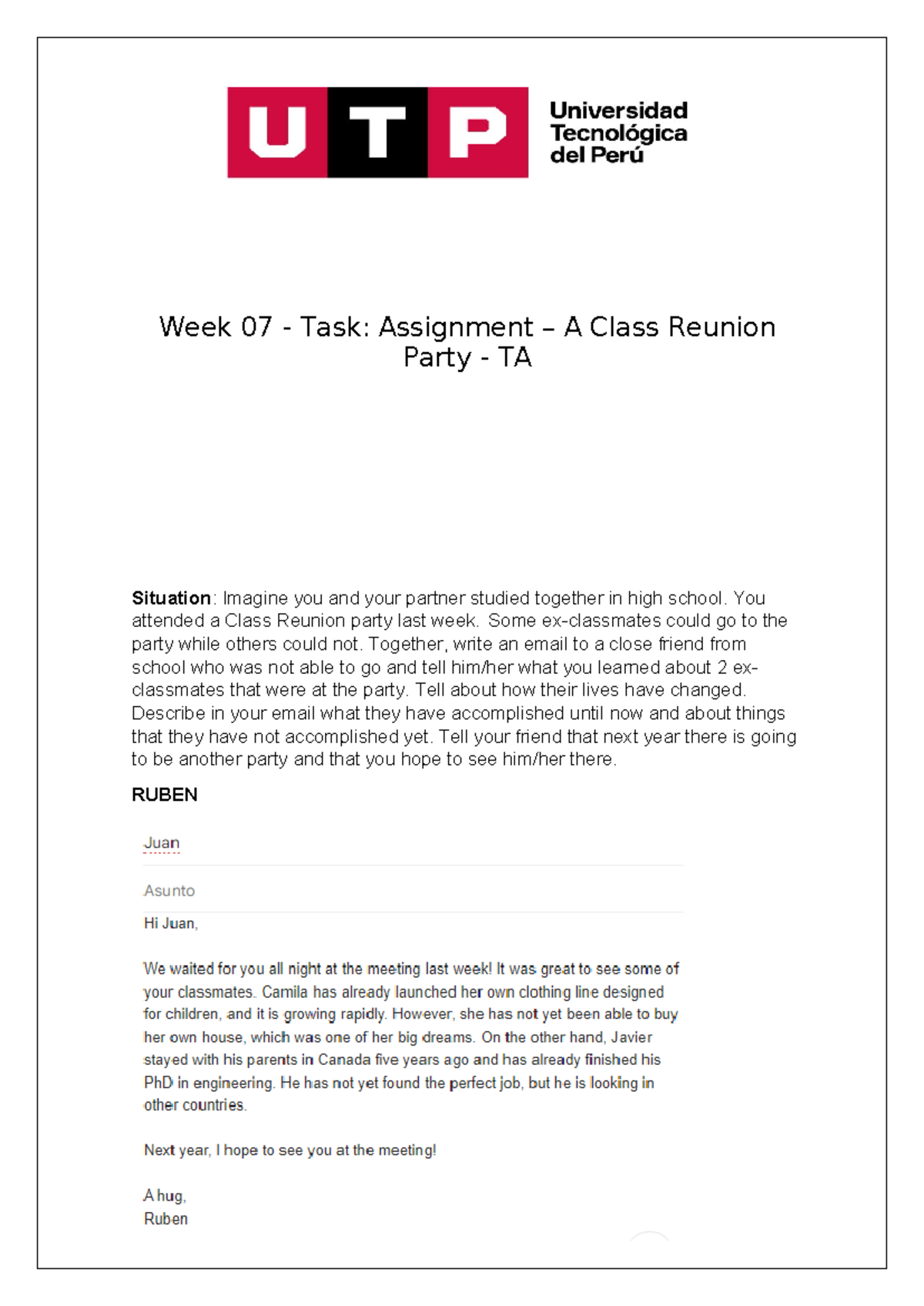 Week 07 english - yarea - Week 07 - Task: Assignment – A Class Reunion Party - TA Situation ...
