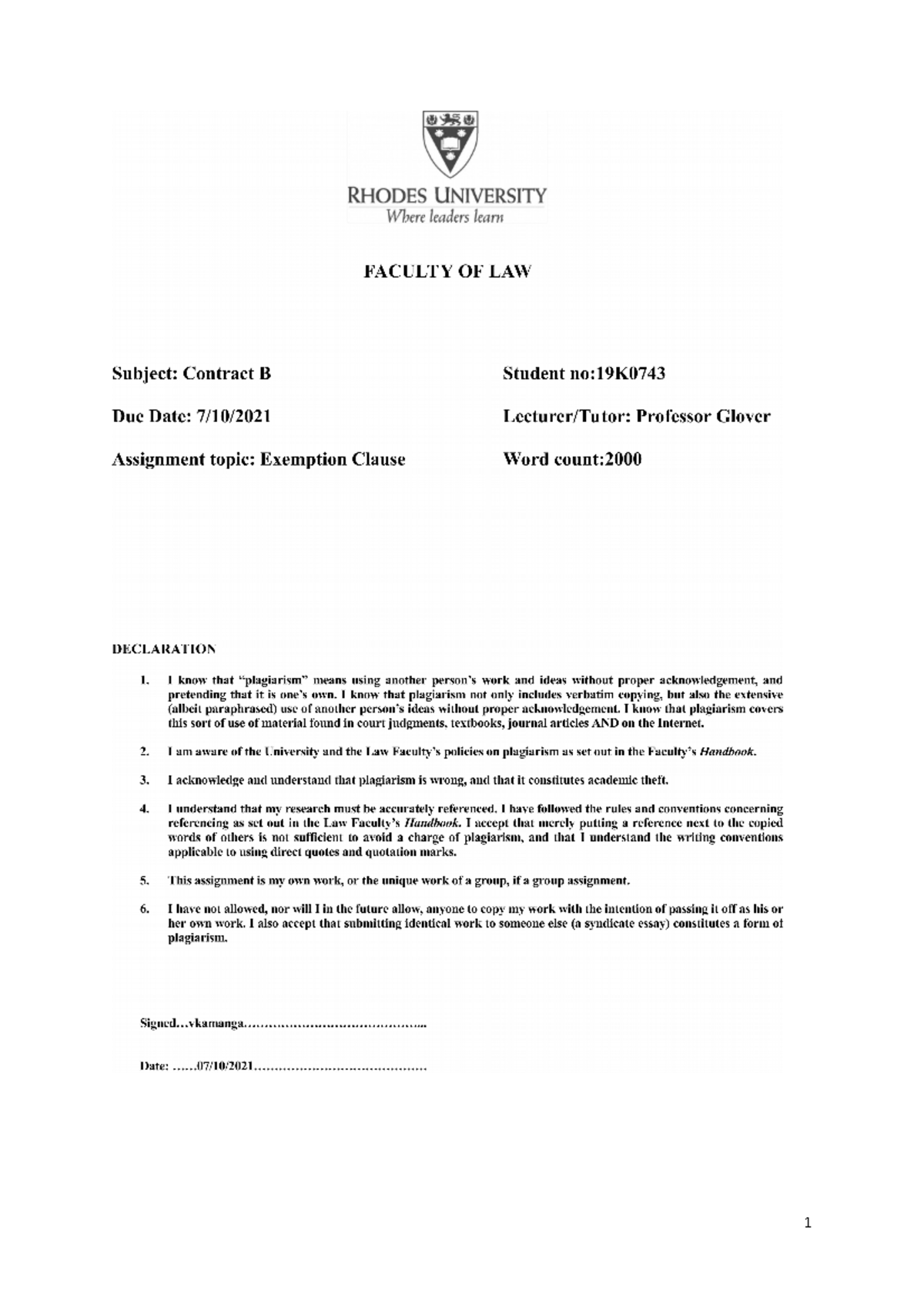 Contract B assignment exemption - In the case of First National Bank ...