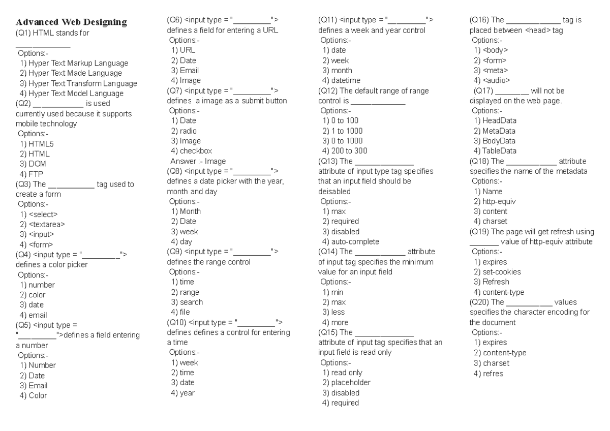 Advanced Web Designing test 1 - Advanced Web Designing (Q1) HTML stands ...