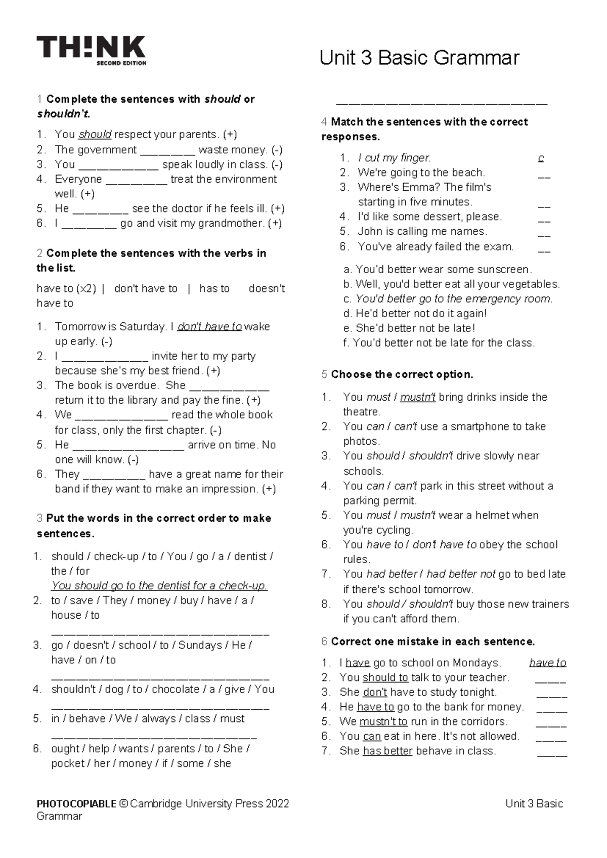 Thk2e Br E L3 Grammar Basic Unit 3 - Unit 3 Basic Grammar 1 Complete ...