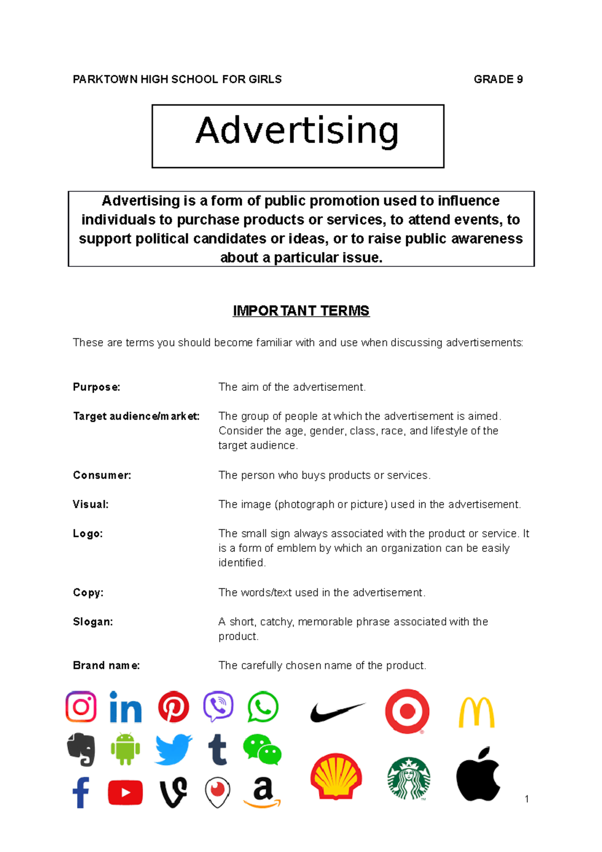 Grade 10 Advertising - PARKTOWN HIGH SCHOOL FOR GIRLS GRADE 9 ...