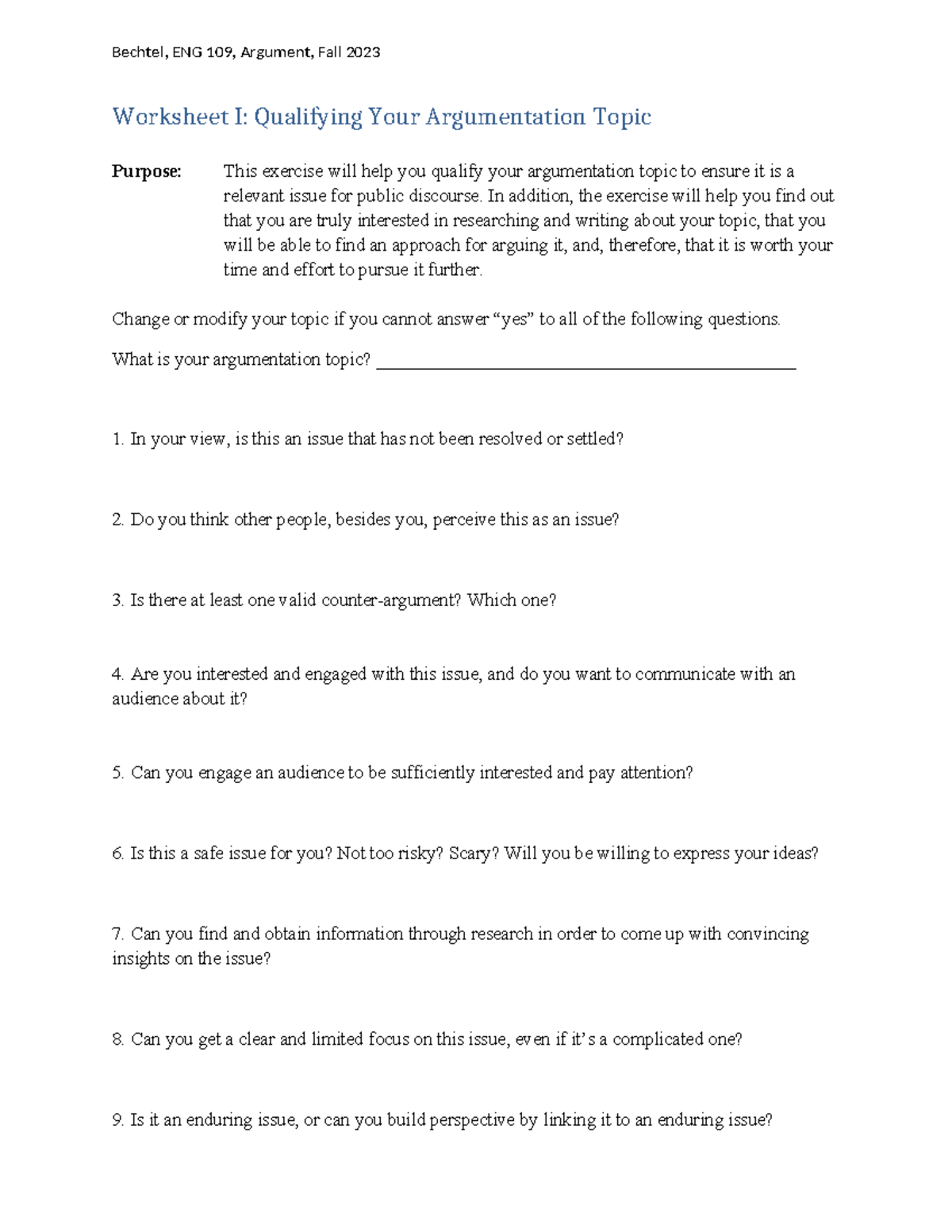 Argument worksheets - Bechtel, ENG 109, Argument, Fall 2023 Worksheet I ...