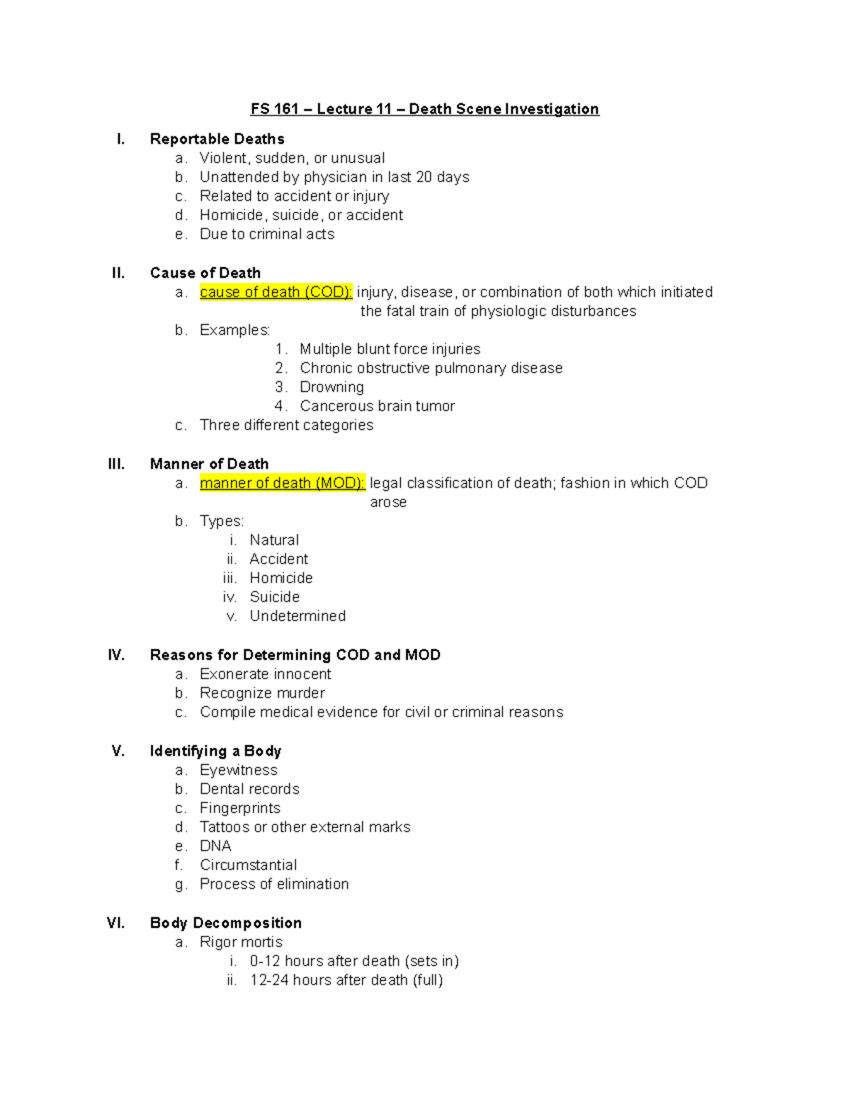FS 161 - Lecture 11 - Death Scene Investigation - Reportable Deaths a ...