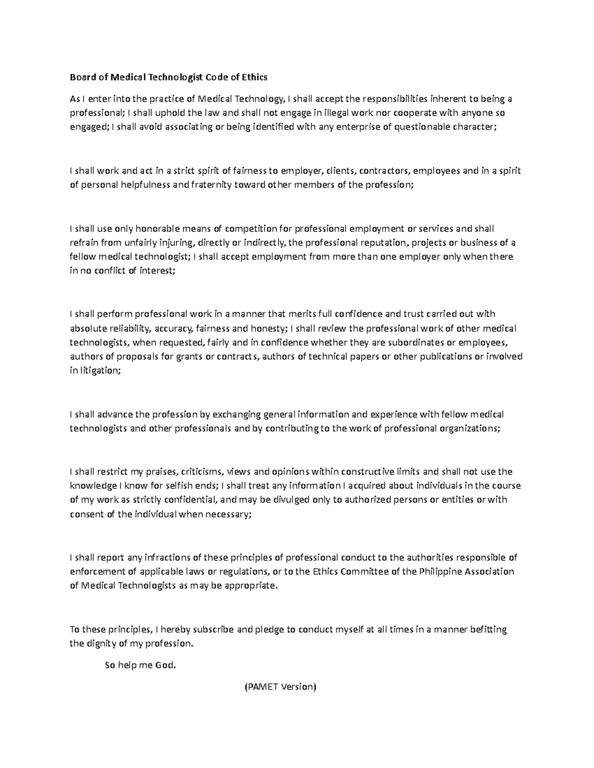 Board of Medical Technologist Code of Ethics - To these principles, I ...