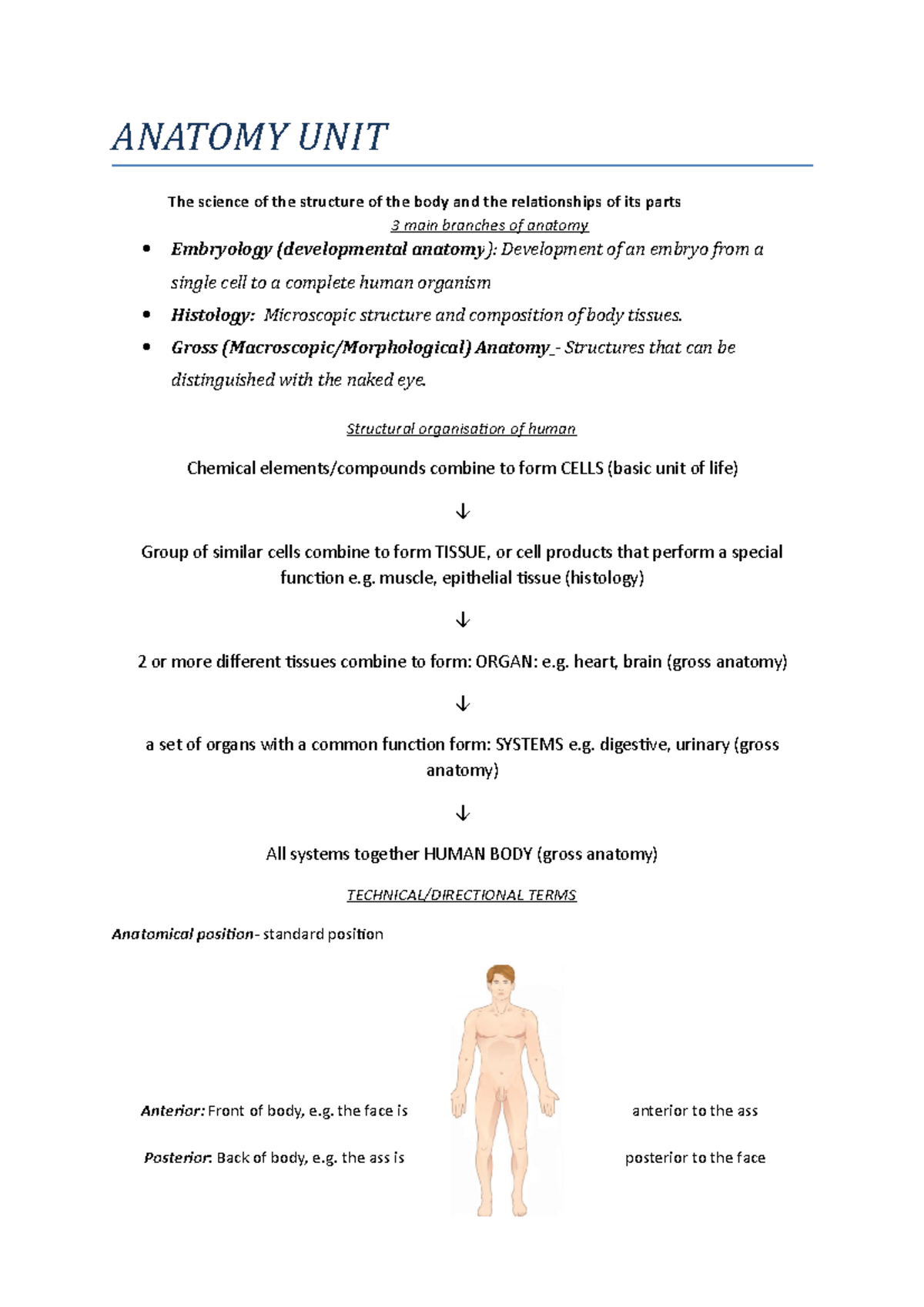 Anatomy UNIT - Lecture note Week 1 - ANATOMY UNIT The science of the ...