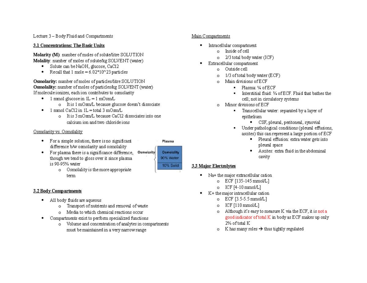 Biochem 3H03 Lecture 3 (Body Fluids) - Lecture 3 – Body Fluid and ...
