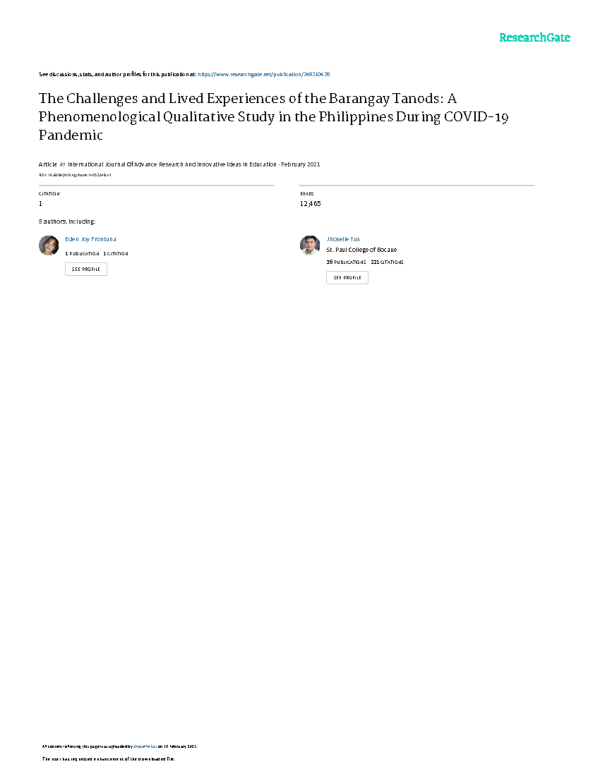 The Challenges and Lived Experiences of the Barangay Tanods a ...