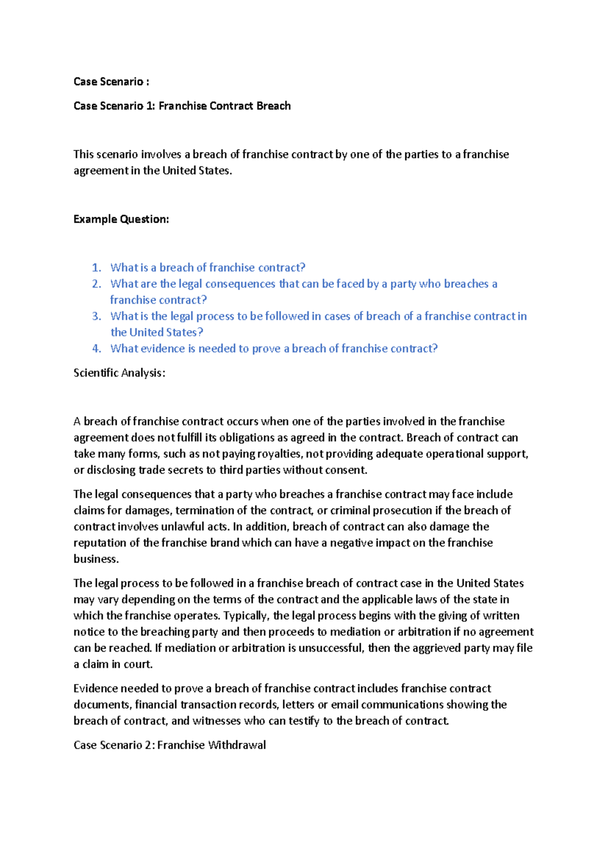 Franchise Law Case Scenario - Case Scenario : Case Scenario 1 ...