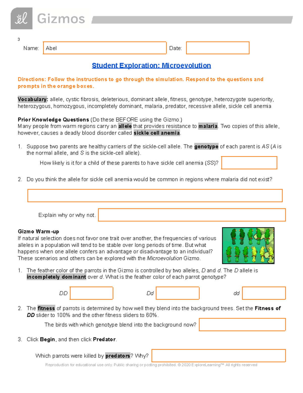 Copy of Gizmo Microevolution Student Handout 2023 - 3 Name: Abel Date ...