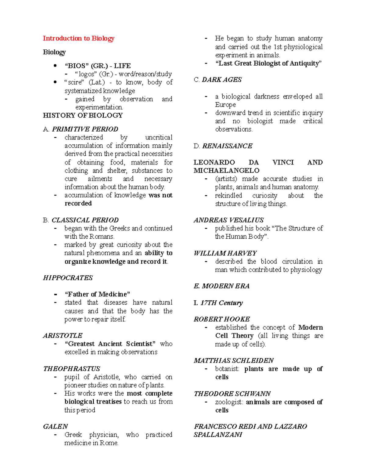 Fundamentals of Bio - Lecture notes 1 - Introduction to Biology Biology ...